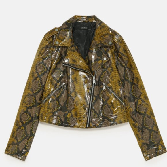Zara | Jackets & Coats | Zara Yellow Snakeskin Printed Faux Leather Biker Moto Jacket | Poshmark